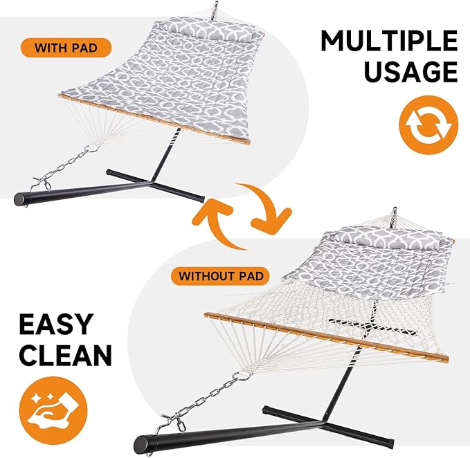2 Person Outdoor Hammock with Stand, Cotton Rope Hammock with Polyeste ...