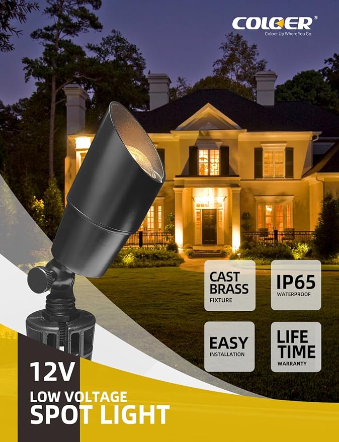 COLOER Brass Low Voltage Landscape Spotlight Fixture(Black) 12-Pack Wi ...