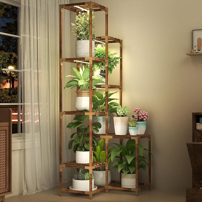 HOMKIRT Tall Corner Plant Stand with Grow Lights, Plant Shelf Indoor f ...