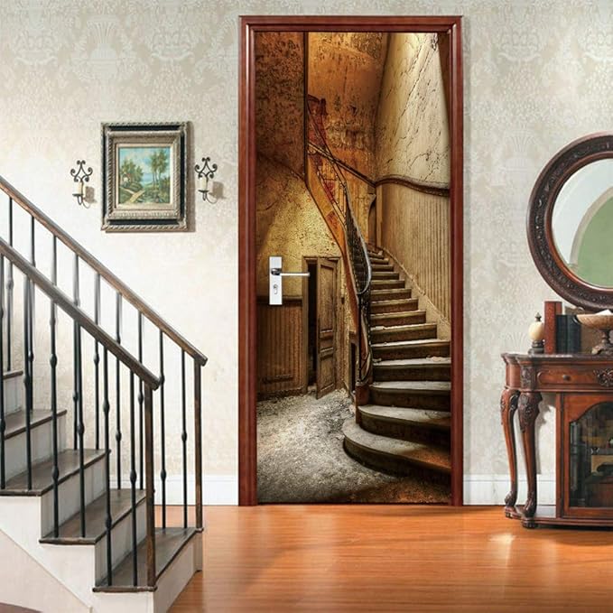 3D Door Stickers Murals Peel and Stick - Old Stairs - Door Wallpaper S ...