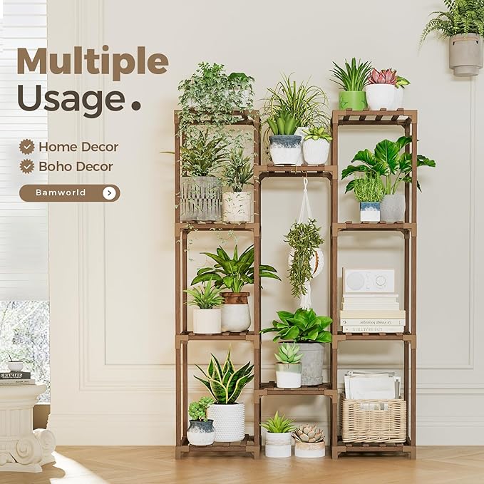 Bamworld Plant Stand Indoor Outdoor Tall Plant Shelf for Multiple Plan ...