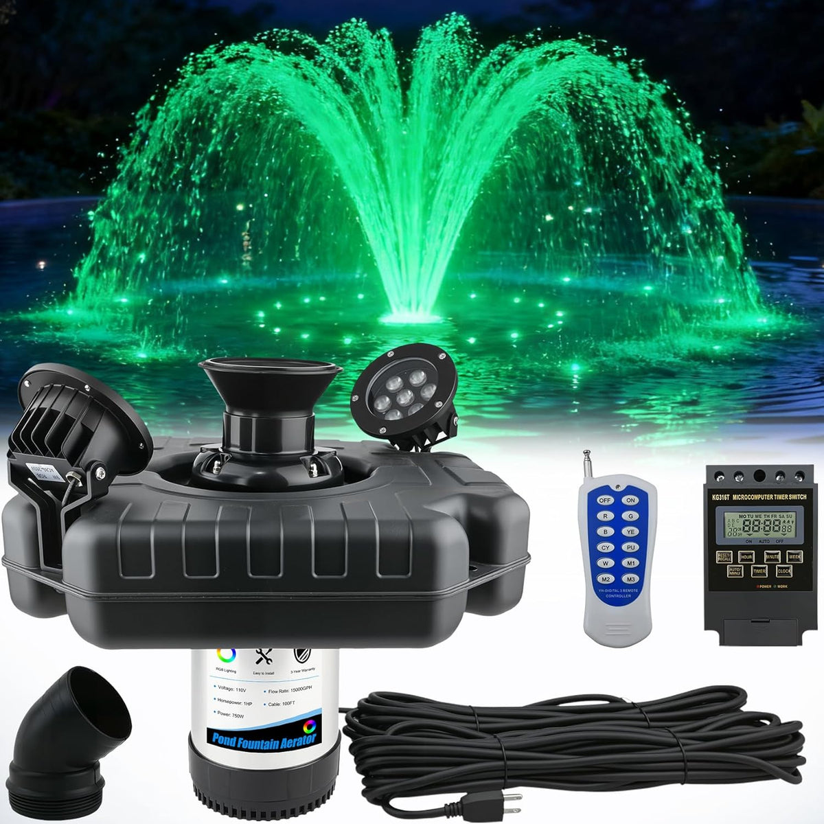 Pond Fountain Aerator with Lights RGB LED, 1HP 750W Floating Fountain ...