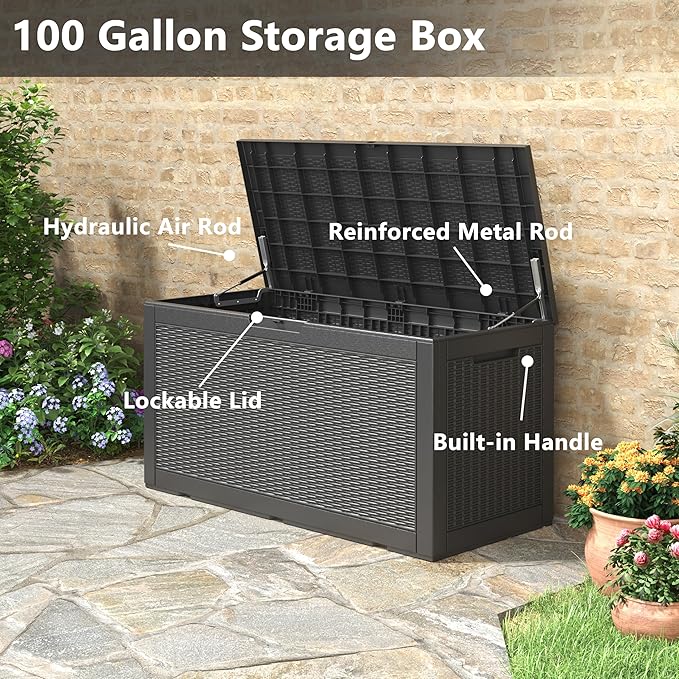 KAMABOKO 101 Gallon Waterproof Large Resin Deck Box, Lockable Large Ou ...